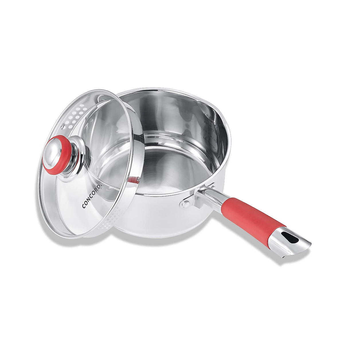 Concord 3 Quart Stainless Steel Saucepan with SIMPLE POUR Vented Glass Lid. Features Dual Pouring Spouts and Volume Marking. Perfect for making Sauces, Jam, Ramen, and more