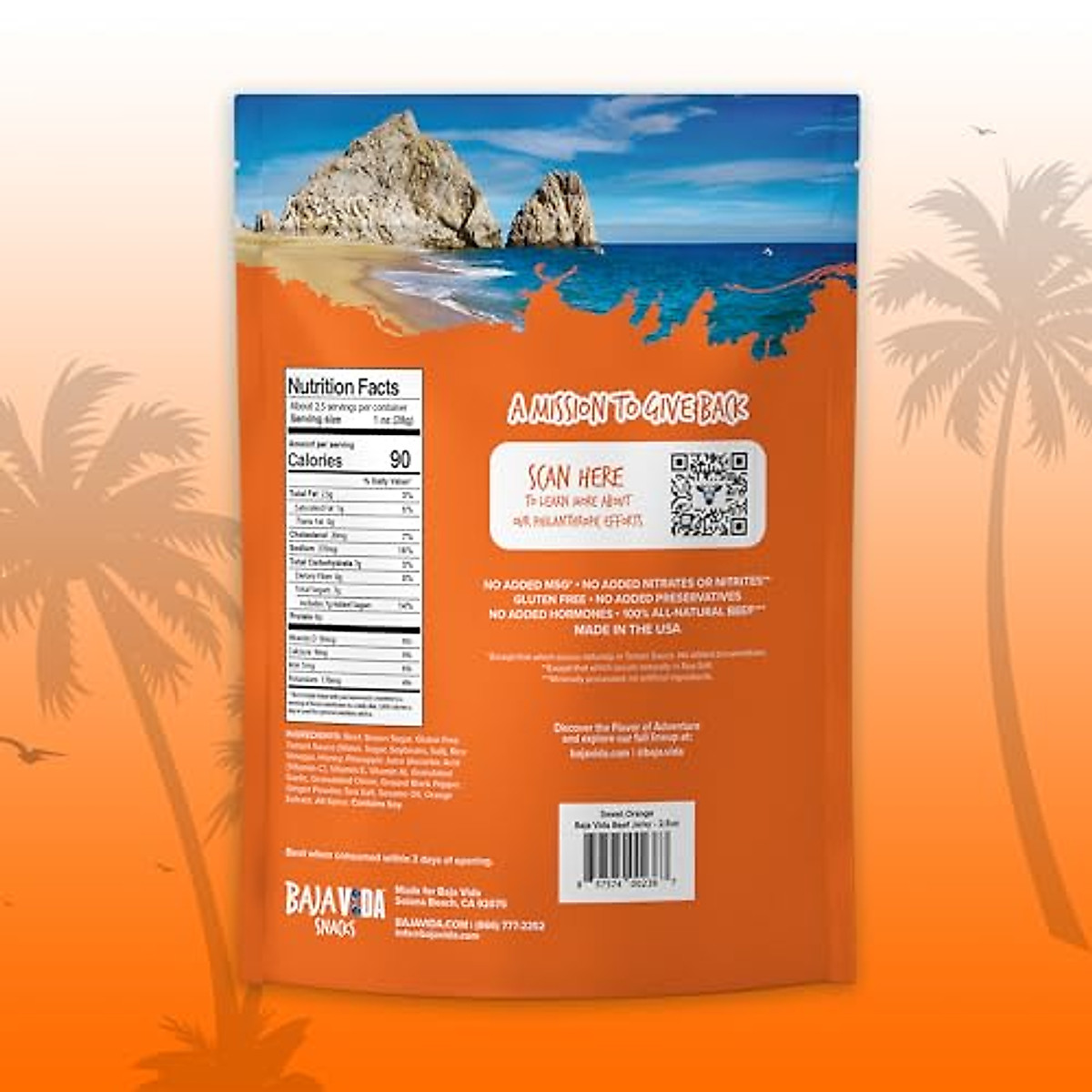 Baja Vida Sweet Orange Beef Jerky - Beef Jerky Snack Packs, Healthy Jerky, Gluten-Free, All-Natural Beef, No MSG, Made in the USA - 2.5 Oz (Pack of 4)