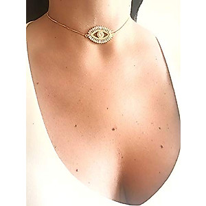 LESLIE BOULES Gold Evil Eye Necklace 18K Gold Plated Sliding Adjustable Chain Choker Jewelry