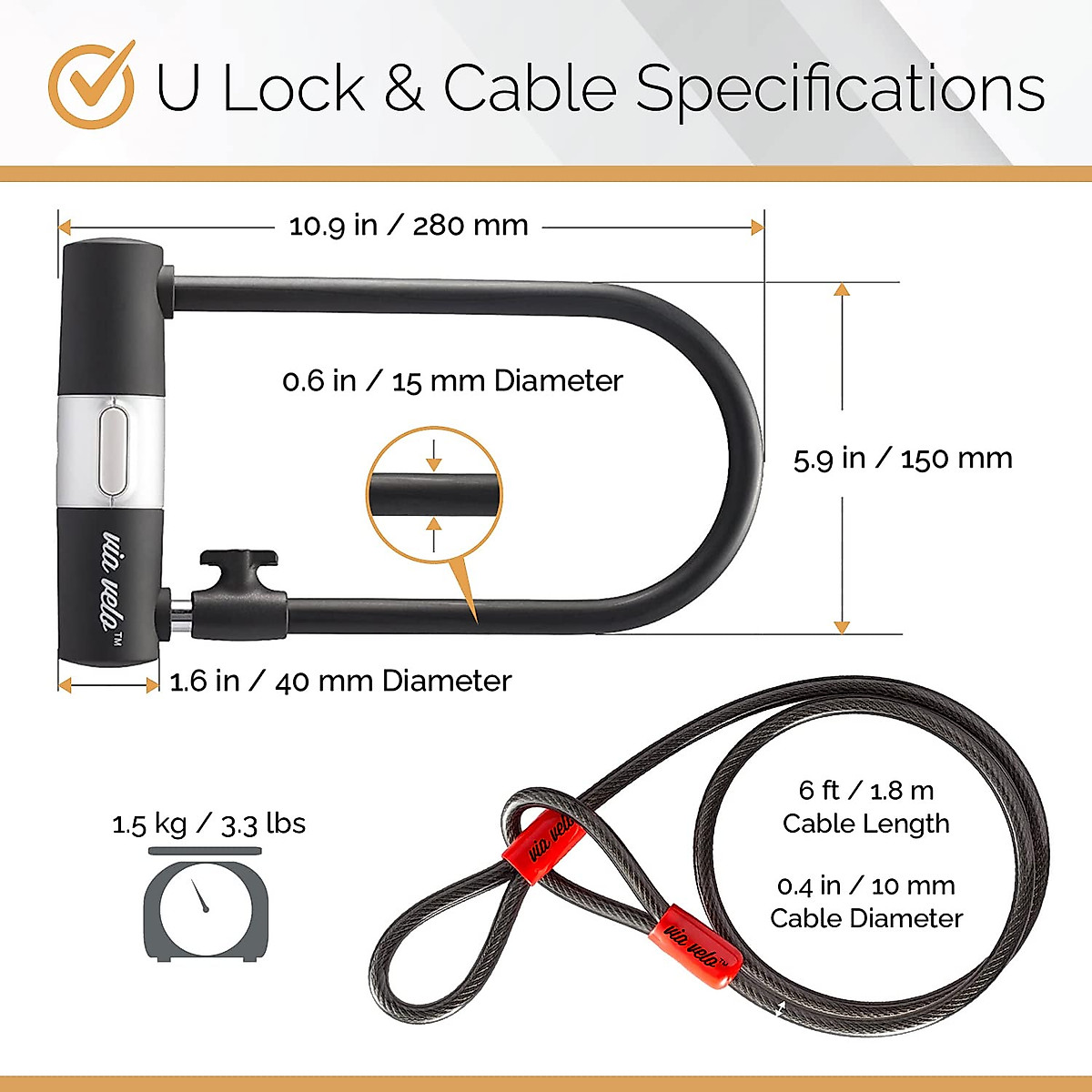 Via Velo 2 Electric Bike Bike Lock Set | Same Key System 4 Keyed Alike keys, Heavy-Duty Hard Steel | 33.5" Folding Lock | 11" Bicycle ULock | 6' Cable | for Electric Bike Fat Tire Scooter Folding Bike