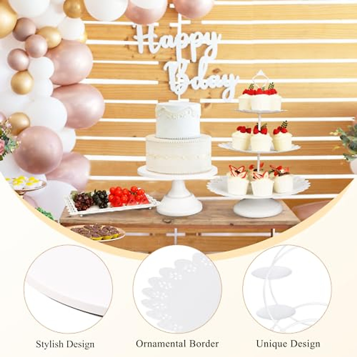 7Pc Cake Stand White Dessert Table Display Set Metal Round Tiered White Cupcake Stand Macaron Ferris Wheel Holder Cookies Serving Trays Fruit Plates for Tea Party Wedding Birthday Baby Shower (White)