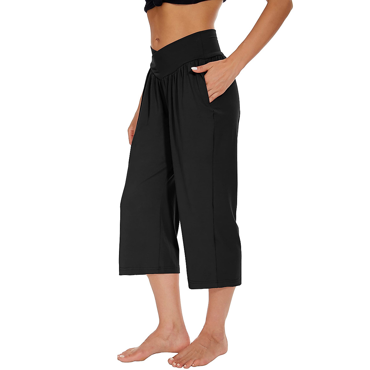 FAYLR Womens Wide Leg Capri Yoga Lounge Summer Loose Pullover Crossover High Waist Capri Pants with Pockets Black Large
