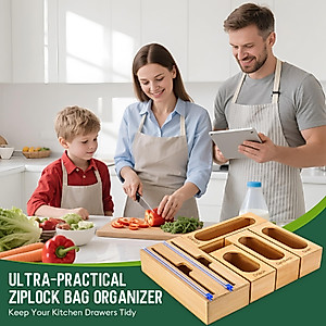 Openable Bamboo Ziplock Bag Storage Organizer & Foil and Plastic Wrap Organizer, Plastic Wrap Dispenser with Cutter and Ziplock Bag Organizer for Kitchen Drawer, 5 Baggie Organizer for Gallon,Quart,Sandwich,Snack