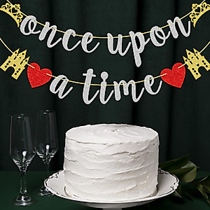 Qttier Once Upon A Time Glitter Banner, Pre-assembled Bridal Shower Banner for Bachelorette, Engagement, Wedding Party Decoration Supplies