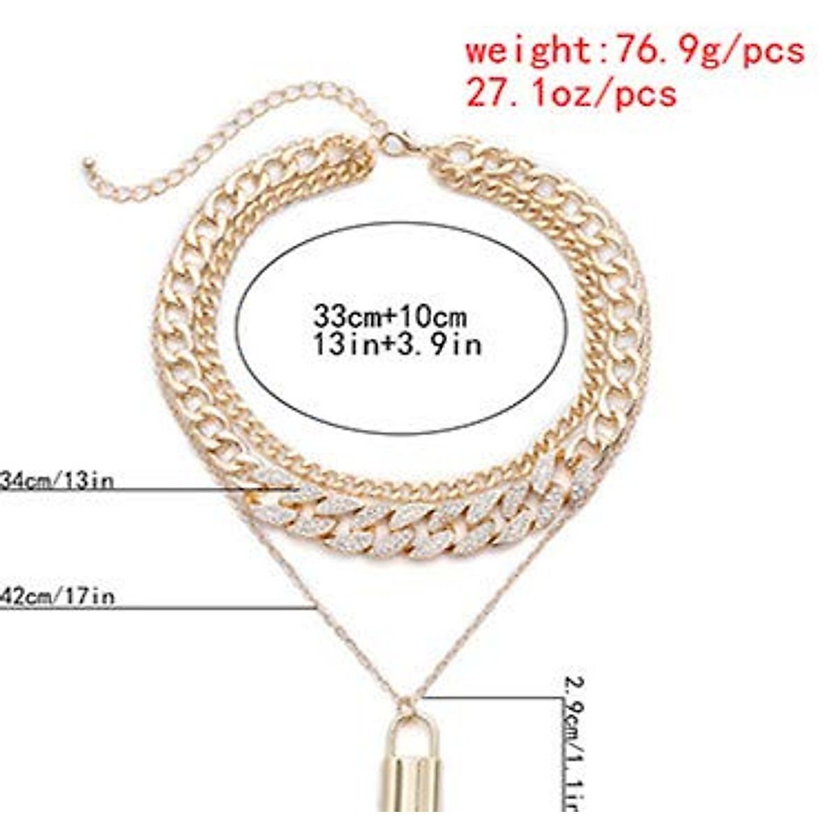 COLORFUL BLING Shiny Hip Hop Rhinestone Cuban Link Chain Lock Pendant Necklace With Bracelet Set Punk Cubic Zircon Layered Choker Necklace for Women Unisex Jewelry-A gold