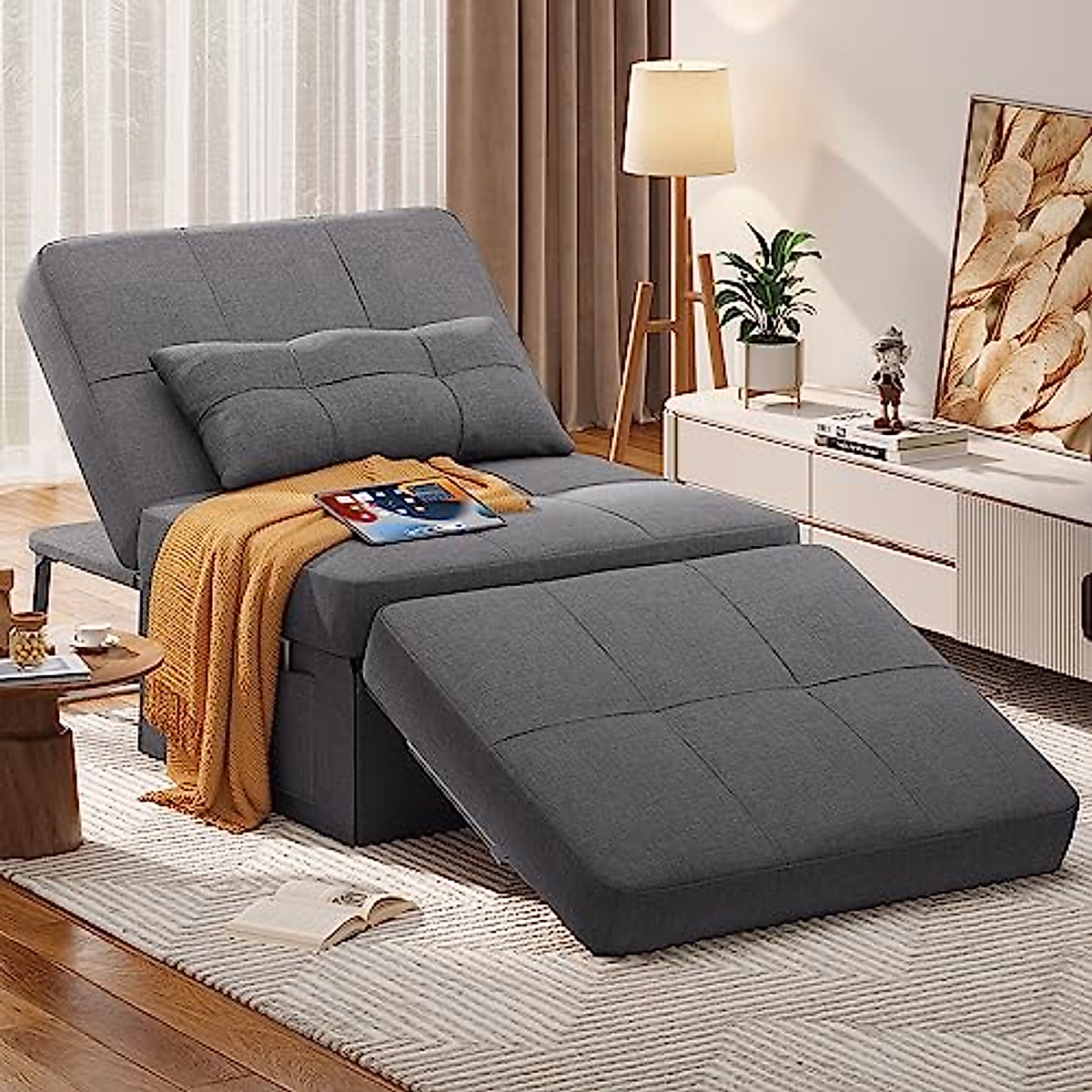Aiho Sleeper Chair Bed, 4 in 1 Convertible Chair Sofa Bed, Assembly-Free Sofa Chair Bed with Adjustable Backrest Linen Fabric, for Living Room Apartment Office, Dark Grey