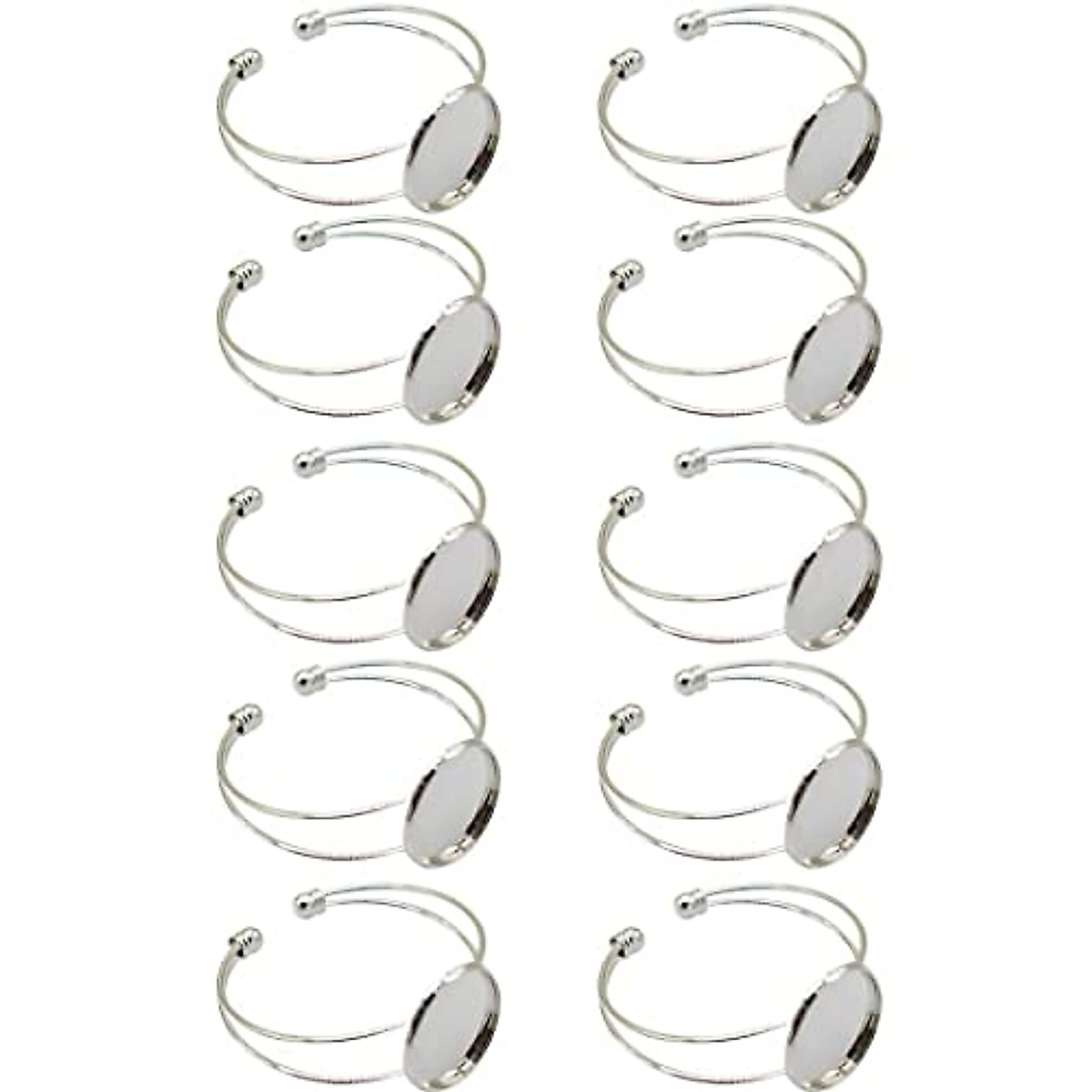 MIAO JIN 10 Pcs 25 mm Adjustable Round Cabochon Bezel Tray Blank Bangle for Crafting DIY Bracelets Making(Silver)