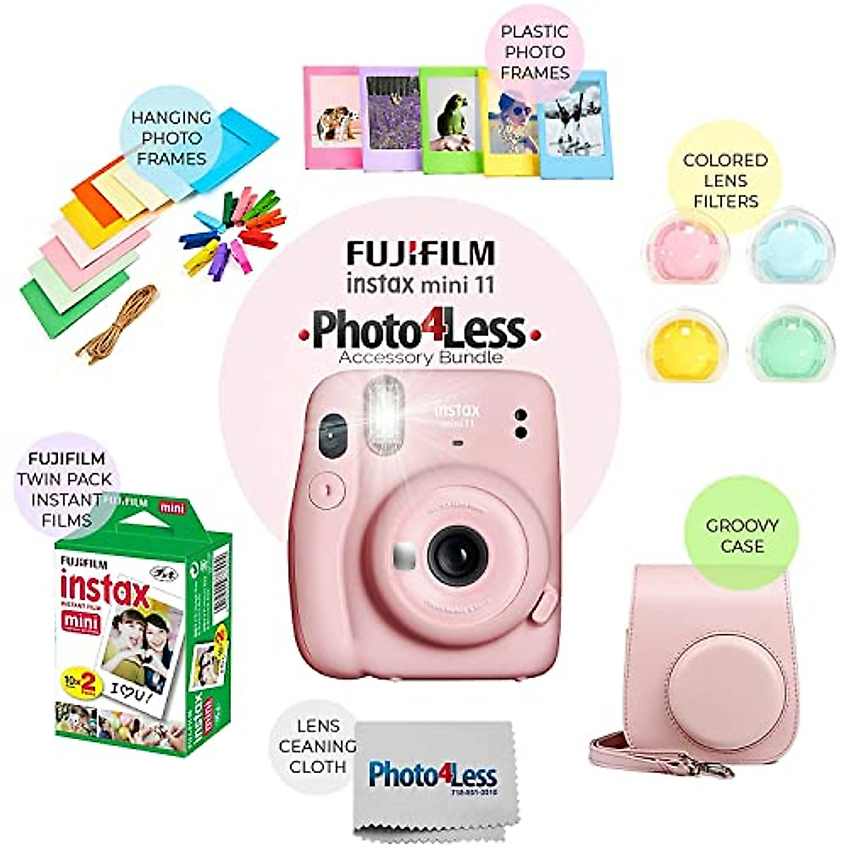 Fujifilm Instax Mini 11 Instant Camera + Instax Mini Twin Pack Film + Hanging Frames + Plastic Frames + Case + Close Up Filters - All Inclusive Bundle! (Blush Pink)