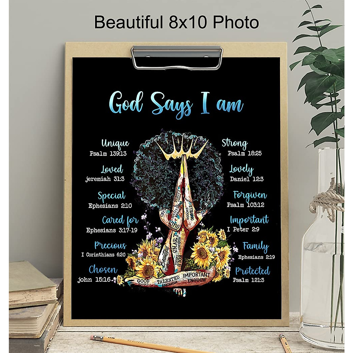 Positive Affirmations Black Wall Art - Inspirational Bible Verses Religious God Decor - Spiritual Christian Scripture Poster - African American Women, Black Woman, Girls - I Am - Encouragement Gifts