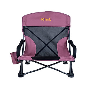 iClimb Low Wide Beach Camping Folding Chair with Side Pocket and Carry Bag (1, Dry Rose)