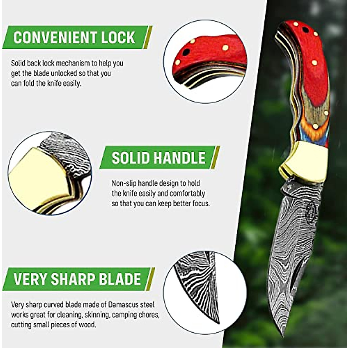 Multi Wood Unique Beautiful 6.5'' Custom Handmade Damascus Steel Brass Bolster Back Lock Folding Pocket Knife Sharpening Rod 100% Prime Quality Plus Beautiful Blue Wood Stainless Steel Pocket Knive