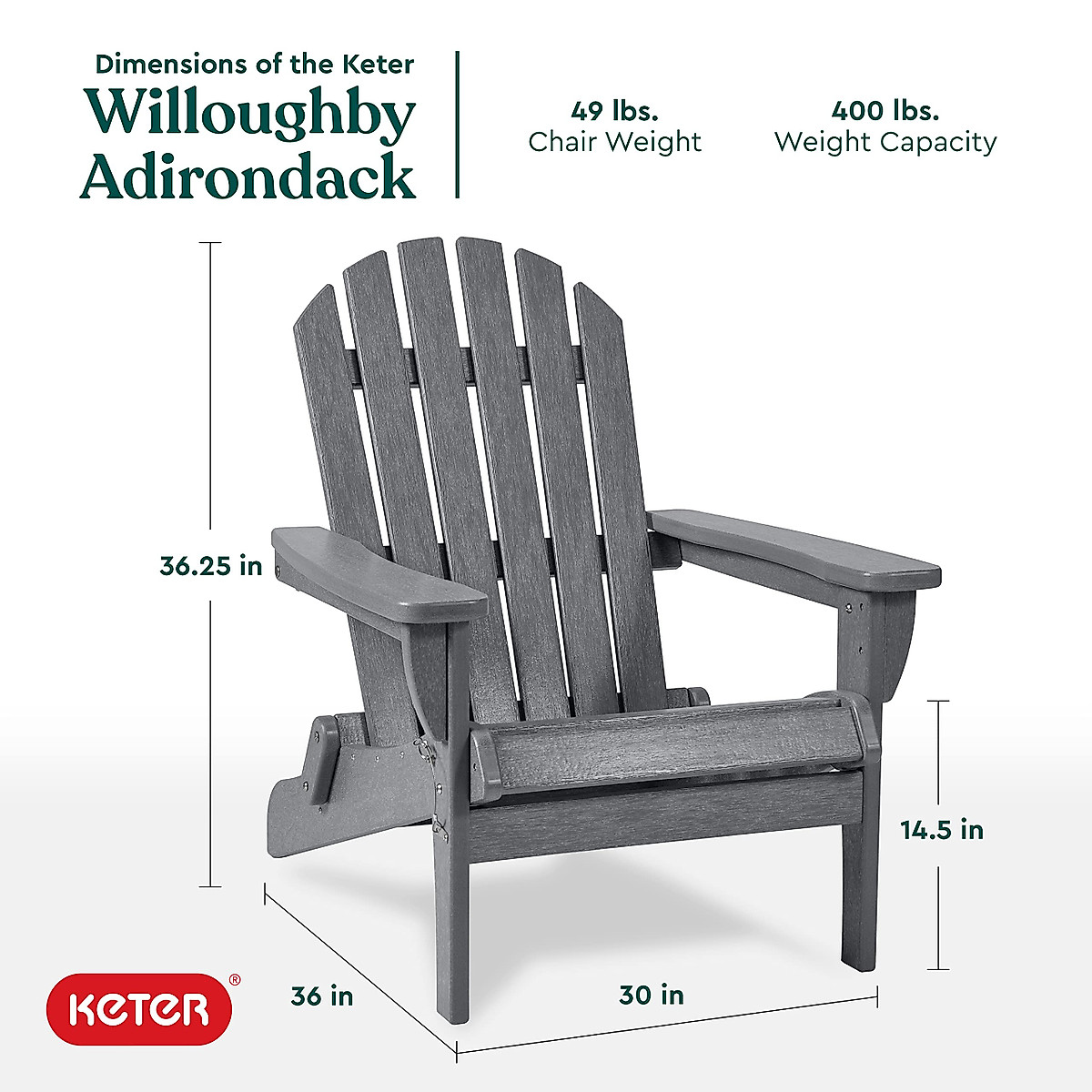 Keter Willoughby Folding Adirondack Chair with Weatherproof Finish, Outdoor Furniture for Entertaining by The Pool, Patio, and Fire Pit, Easy Assembly for Sturdy and Steady Outdoor Seating, Gray