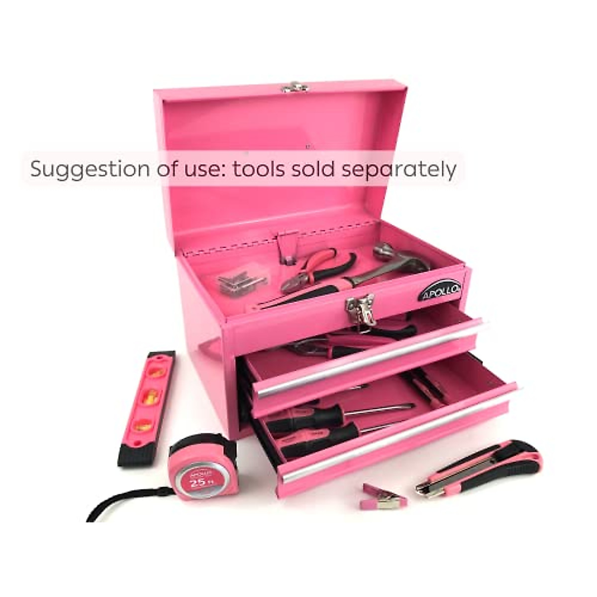 Apollo Tools 14 Inch Steel Tool Box with Deep Top Compartment and 2 Drawers in Heavy-Duty Steel With Ball Bearing Opening and Powder Coated Finish - Pink Ribbon - Pink - DT5010P