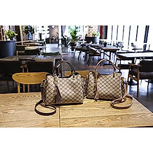 Eightown Beige Tote Bag for Women - Designer Top Handle Bag with Flowers Printing - High-capacity Shoulder Purse with Tassel Pendant(Brown strap)