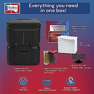Bodno Matica MC320 Direct-to-Card Dual Sided ID Card Printer & Complete Supplies Package Silver Edition ID Software