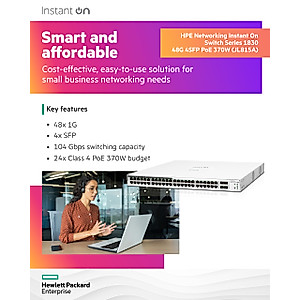 HPE Networking Instant On Switch Series 1830 48-Port Gb Smart-Managed Layer 2 Ethernet Switch with PoE | 48x 1G | 4X SFP | 24x CL4 PoE (370W) | Fan-Less | US Cord (JL815A#ABA)