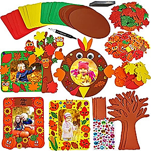 Winlyn 12 Sets Fall Thanksgiving Craft Kits DIY Thanksgiving Picture Frame Decorations Art Sets Tree Smile Face Pumpkin Autumn Leaf Owl Turkey Foam Stickers Arts and Crafts for Kids Party Activities