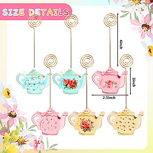 12 Pcs Teapot Wooden Place Card Holder Tea Floral Party Wooden Table Sign Teapot Picture Number Sign Stands Holder for Wonderland Tea Party Baby Shower Tea Party Name Holders