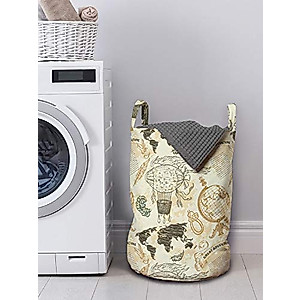 Ambesonne World Map Laundry Bag, Pattern Vintage Globe Atlas Theme Airship Knots Ribbon Retro Print, Hamper Basket with Handles Drawstring Closure for Laundromats, 13" x 19", Beige Green