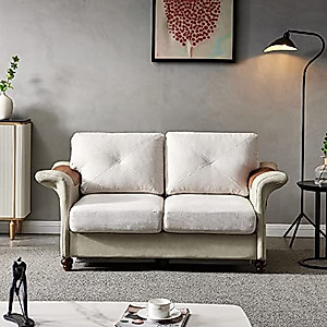 Dvasovio 61" Linen Fabric Sofa, 2 Seater Sofa with Leather Armrest, Wood Legs and Removable Storage Boxes, Linen Cream Sofa Couch for Living Room, Weight Load 800lbs, Beige