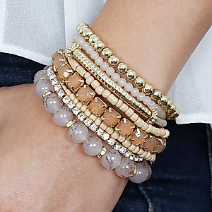 RIAH FASHION Multi Color Stretch Beaded Stackable Bracelets - Layering Bead Strand Statement Wrap Bangles (Original - Light Brown, 7.0 Inches)