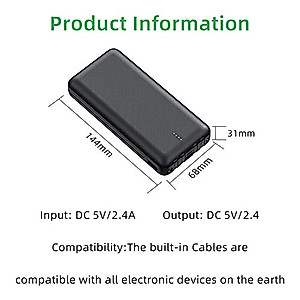 Power Bank 20000mAh, 12W Portable Charger with Built in Cables, 4 Output 2 Input & Flashlight, Ultra High Capacity Safer External Battery Pack Compatible with iPhone, Android phone,Tablet & etc