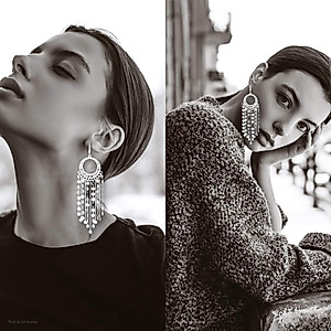 Bohemian Boho Tassel Dangle Drop Earrings for Women – Lightweight Filigree Gypsy Coin Chandelier Disc Charm Hoops – included Gift Box (Round - Silver)