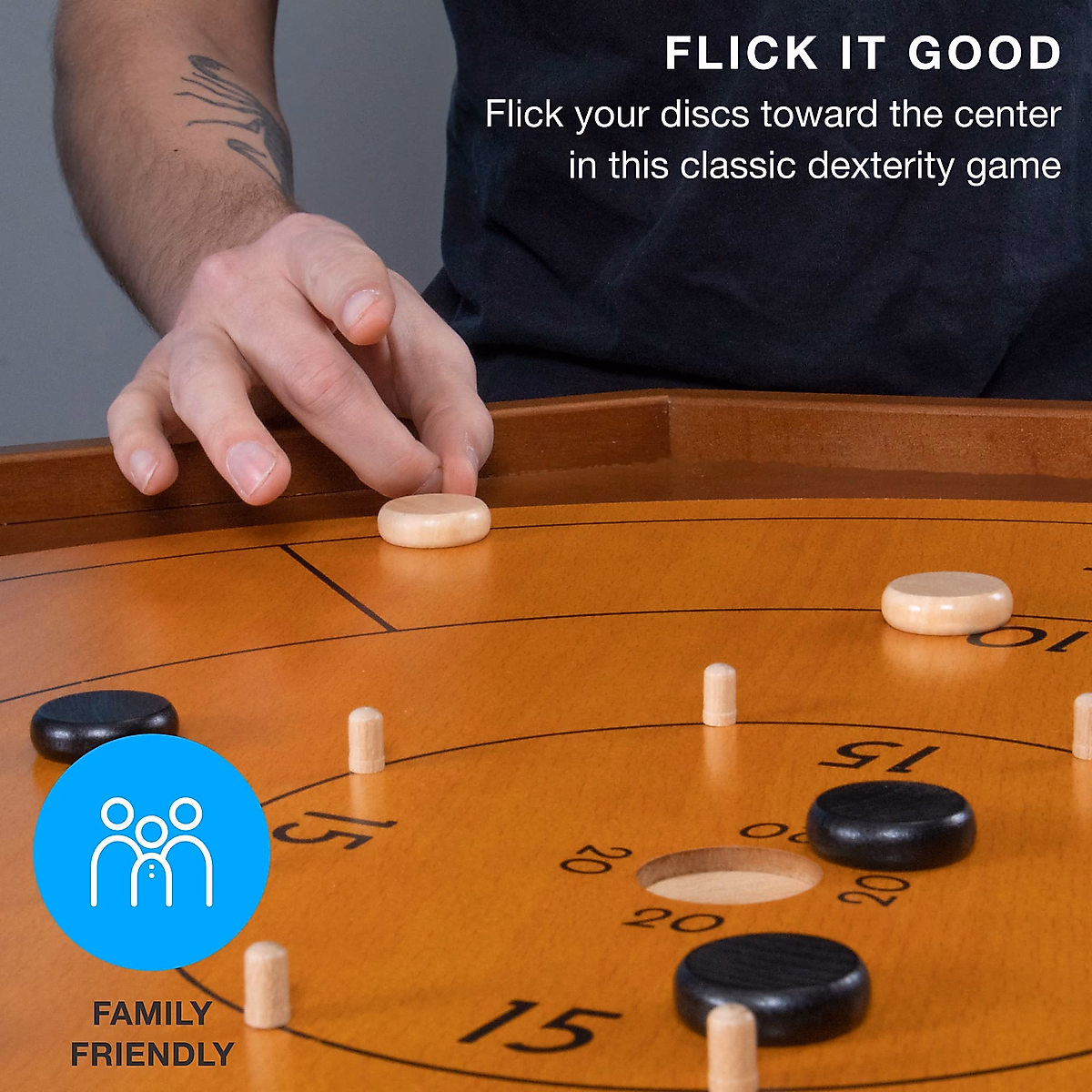 Tournament Crokinole & Checkers | Classic Dexterity Board Game for Two Players | 24 Black & White Discs & Game Board | 30 Inch