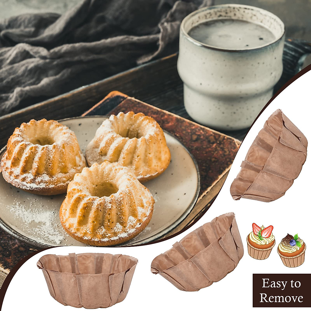 Eaasty 100 Pieces Disposable Mini Cake Molds Paper, Grease Proof Nonstick Mini Cake Pan for Baking Pound, Brownie Muffin Dessert Crumb Cakes