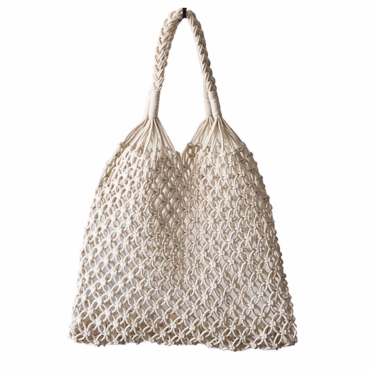 Hixixi Cotton Rope Travel Beach Fishing Net Handbag Shopping Woven Shoulder Bag for Women Girls (White)