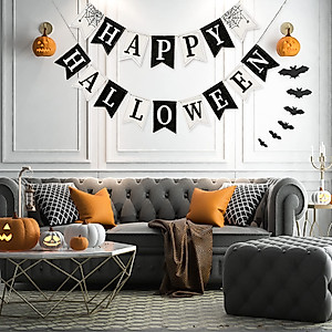 Whaline 2Pcs Happy Halloween Burlap Banner White Black Halloween Party Banner Holiday Hanging Bunting Garland Sign for Halloween Party Supplies Fireplace Wall Porch Decors Photo Prop