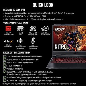 Acer Nitro 5 AN515-57 Gaming Laptop Intel Core i7-11800H NVIDIA RTX 3050 Ti 15.6" FHD 144Hz IPS Display 8GB DDR4 512GB NVMe SSD Killer Wi-Fi 6 Backlit Keyboard (Renewed)