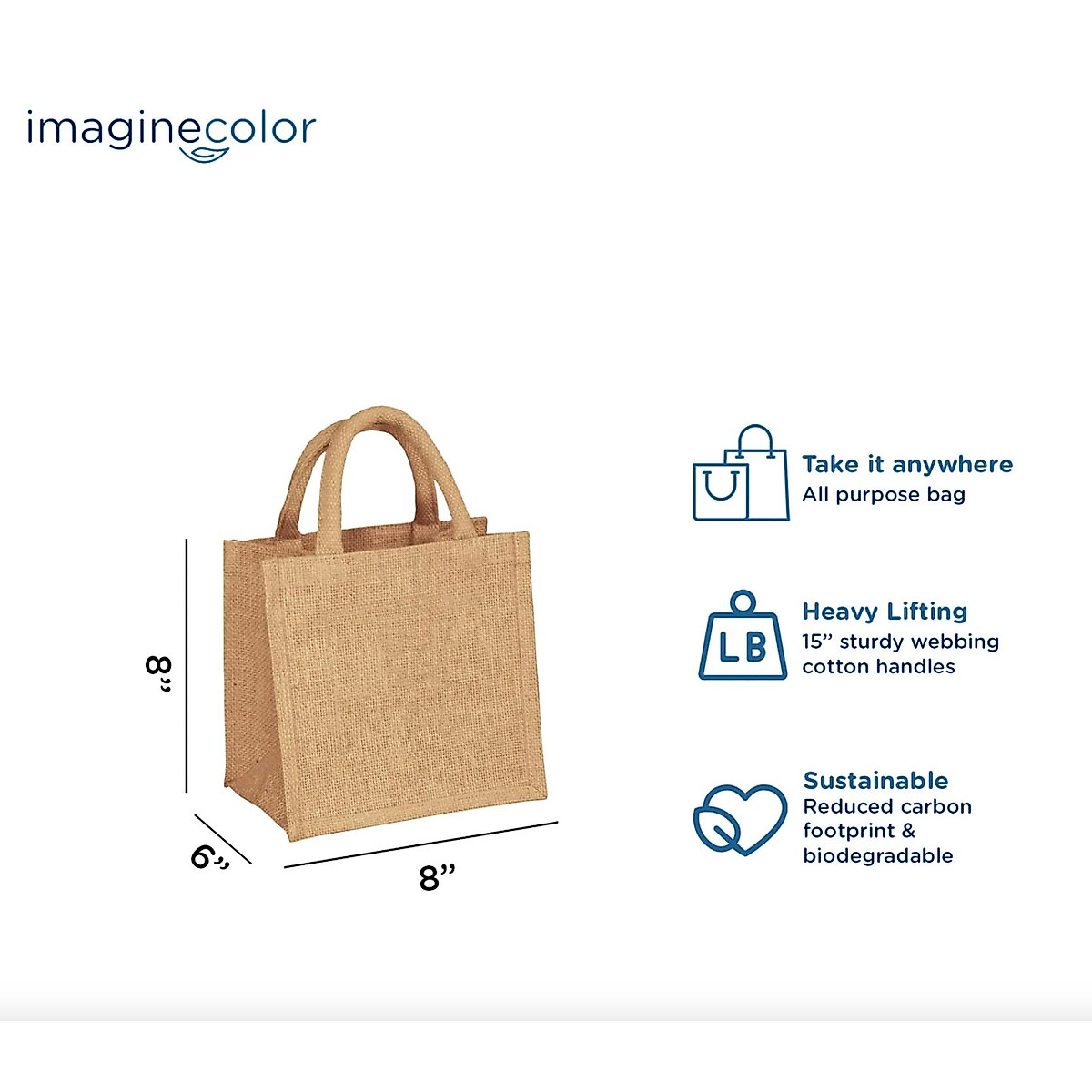 Imagine Color 50 Small Jute Burlap Gift Bags with Handles in Bulk, Burlap Tote, Wedding Welcome Bags, Bridesmaids Gifts, Bachelorette Party Favors Swag bags DIY Reusable 8”x 8”x6