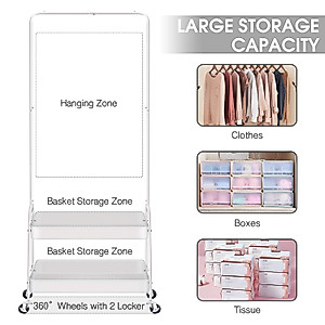 KINGRACK 2-in 1 Garment Rack, Clothing Rack with 2 Tier Metal Basket, Rolling Storage Cart Clothes Organizer Coat Rack Storage Stand on Wheels for Home Bedroom Laundry Small Place Entryway, White