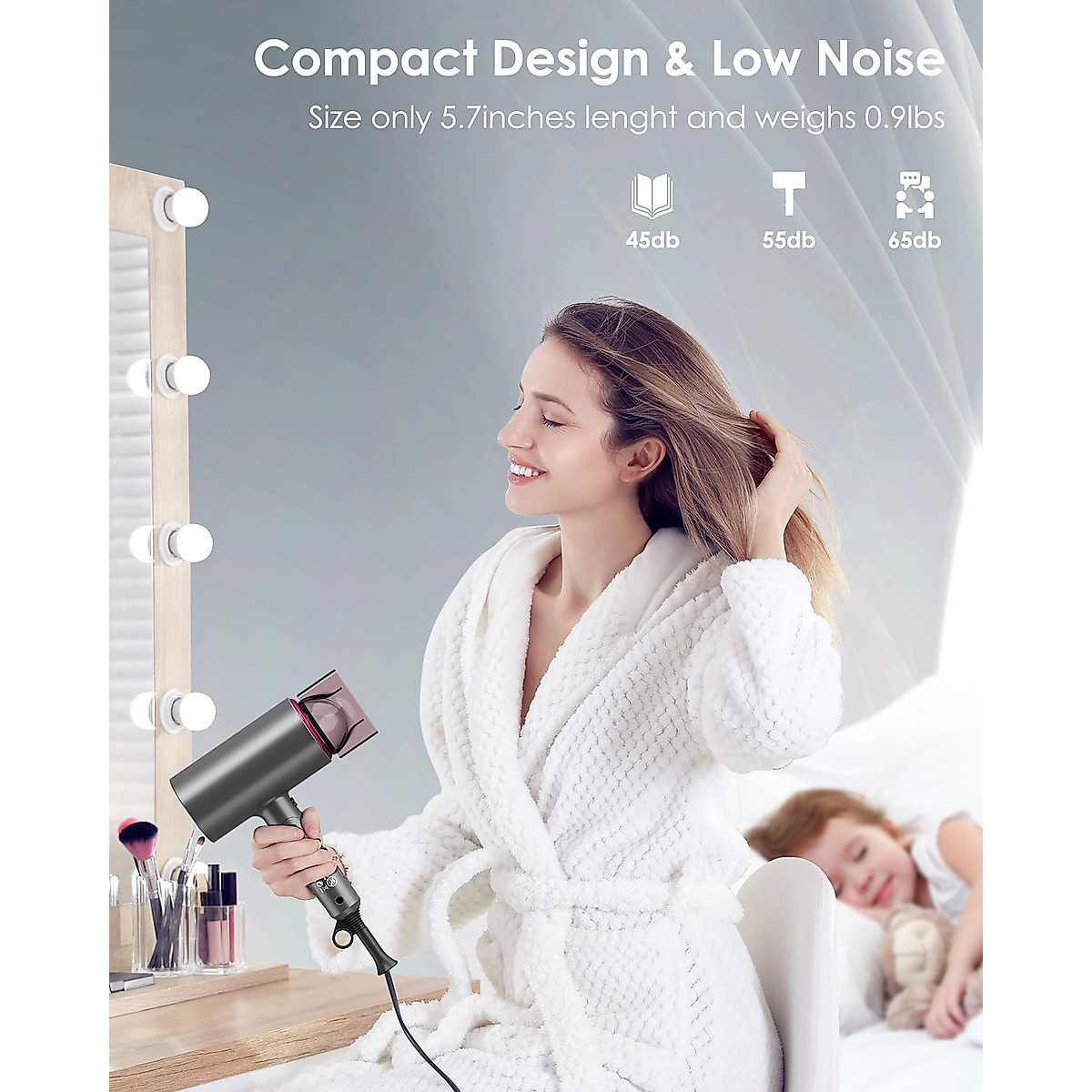 1800W Professional Blow Dryer with Ions, Fast Drying, Portable Hair Dryer for Travel with Diffuser and Concentrator, Low Noise for Men and Women