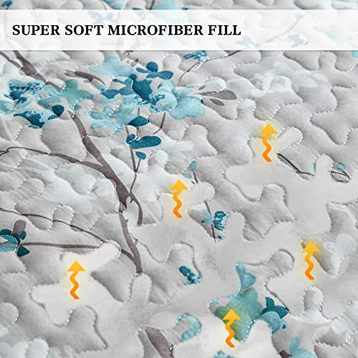 FlySheep Botanical Quilt Set Full Queen Size, 3 Pieces Grey and Aqua Elegant Floral Printed Summer Bedding Set, Soft Microfiber Lightweight Bedspread/Coverlet for All Season - 92"x90"