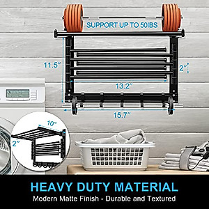 JHWKJS Laundry Clothes Drying Rack Wall Mounted, Foldable Wash Clothing Drying Racks for Laundry Room Organization with Swivel Towel Bars, Hooks for Bathroom, Laundry Room (Black-15.7in)