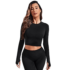 SweatyRocks Women's Yoga Exercise Sport Crop Tops Long Sleeve Thumb Holes Slim Fit Solid Running Gym Tee Shirts Black L