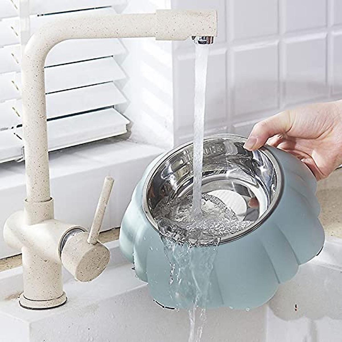 FUUIE Bowls for Food and Water Household Double-Layer Stainless Steel Pet Bowl, Suitable for Cats and Dogs, Strong and Simple to Clean (Color : Blue)