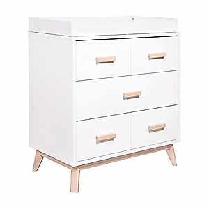 Babyletto Scoot 3-Drawer Changer Dresser with Removable Changing Tray in White and Washed Natural, Greenguard Gold Certified