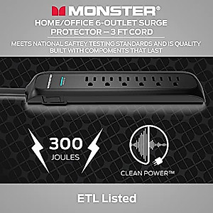 Monster 3ft Black Power Strip and Tower Surge Protector, Heavy Duty Protection, 300 Joule Rating and 6 120V-Outlets - Ideal for Computers, Home Theatre, Home Appliances, and Office Equipment
