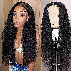 Amanda HD Deep Wave Lace Front Wigs Human Hair Pre Plucked 4x4 Deep Wave Wig 24 Inch Brazilian Virgin 180% Density Wet and Wave Lace Closure Wigs Human Hair for Women Natural Color
