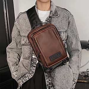 Leather Sling Bag, Casual Backpack Outdoor Crossbody Shoulder Bag Hiking Vintage Chest Bag Travel Camping Fishing Hunting (Brown)