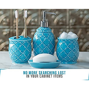 Designer 4-Piece Bathroom Accessory Set – Ceramic Bath Set w/Liquid Soap or Lotion Dispenser, Toothbrush Holder, Tumbler and Soap Dish – Decorative Set w/Embossed Details – Modern Vanity Accessories