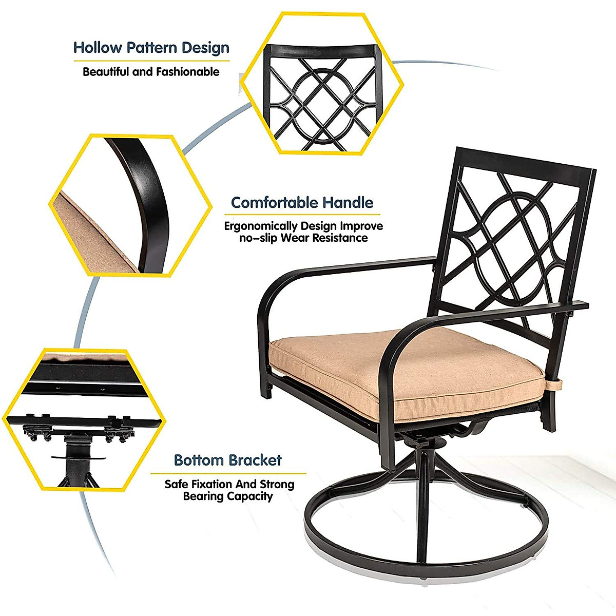 Omelaza 5 Pieces Patio Outdoor Dining Furniture Set, 4 Metal Swivel Chairs and 37" Square Bistro Table with Umbrella Hole, for Backyard, Patio, Lawn, Garden, Classic Black