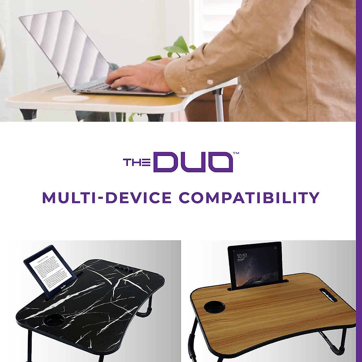THE DUO Laptop Workstation for Bed and Sofa - Foldable Laptop Table, Portable Table for Bed, Lap Desk for Working, Reading, Eating - Marble, 26 x 17.5 inches