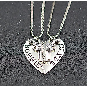Meiligo® Womens Mens Alloy Hip-hop Bonnie Clyde Letter Machine Gun Necklace Key Chain Hand Gun Revolver Pistol Pendant Matching Heart Jewelry (Necklace - Silver(2pcs))