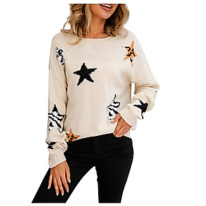 Women's Fall Tops, Chunky Sweater Women Cute Sweaters Long Sleeve Fitted for Ladies Fashion Sweater Roundneck Stars Knit Pullover Sweater Sweatshirts Cream 2022 Cowl Maternity Tops (M, Beige)