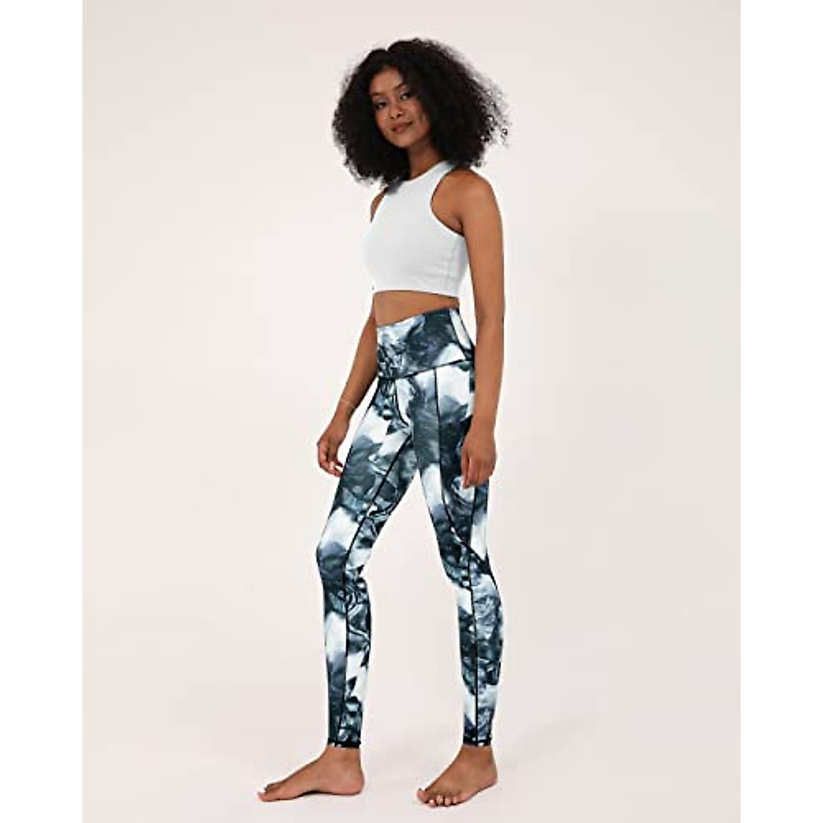 ODODOS Women's High Waisted Pattern Leggings with Pockets, Tummy Control Non See Through Athletic Workout Running Yoga Legging Pants, CrosstalkNavy, Small