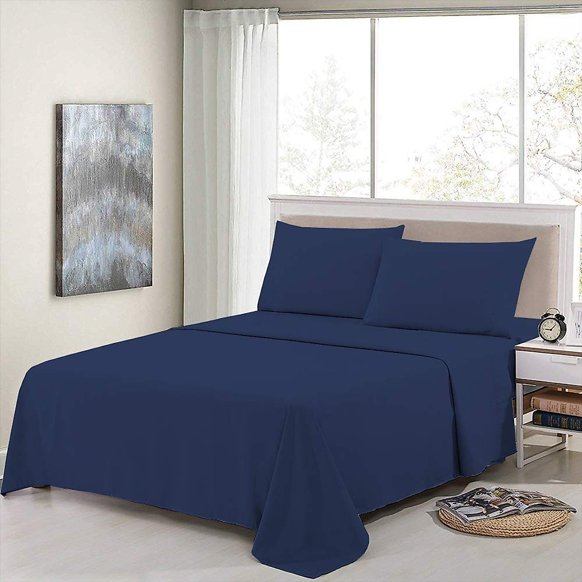 Cotton Sheets Set Navy Blue Solid Extra Long-staple Cotton 400 Thread Count Bedsheets, 72X80 Inch RV King Sheet set, Fits Mattress 16'' Deep Pocket Soft & Sateen Weave 4 Piece Sheets and Pillowcases